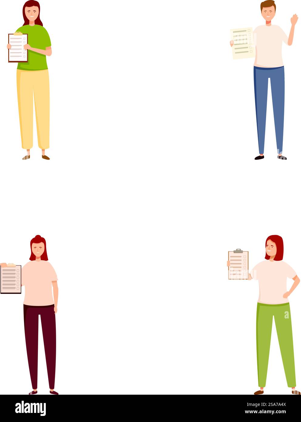 Vector illustrations of four cartoon characters, each holding a blank ...