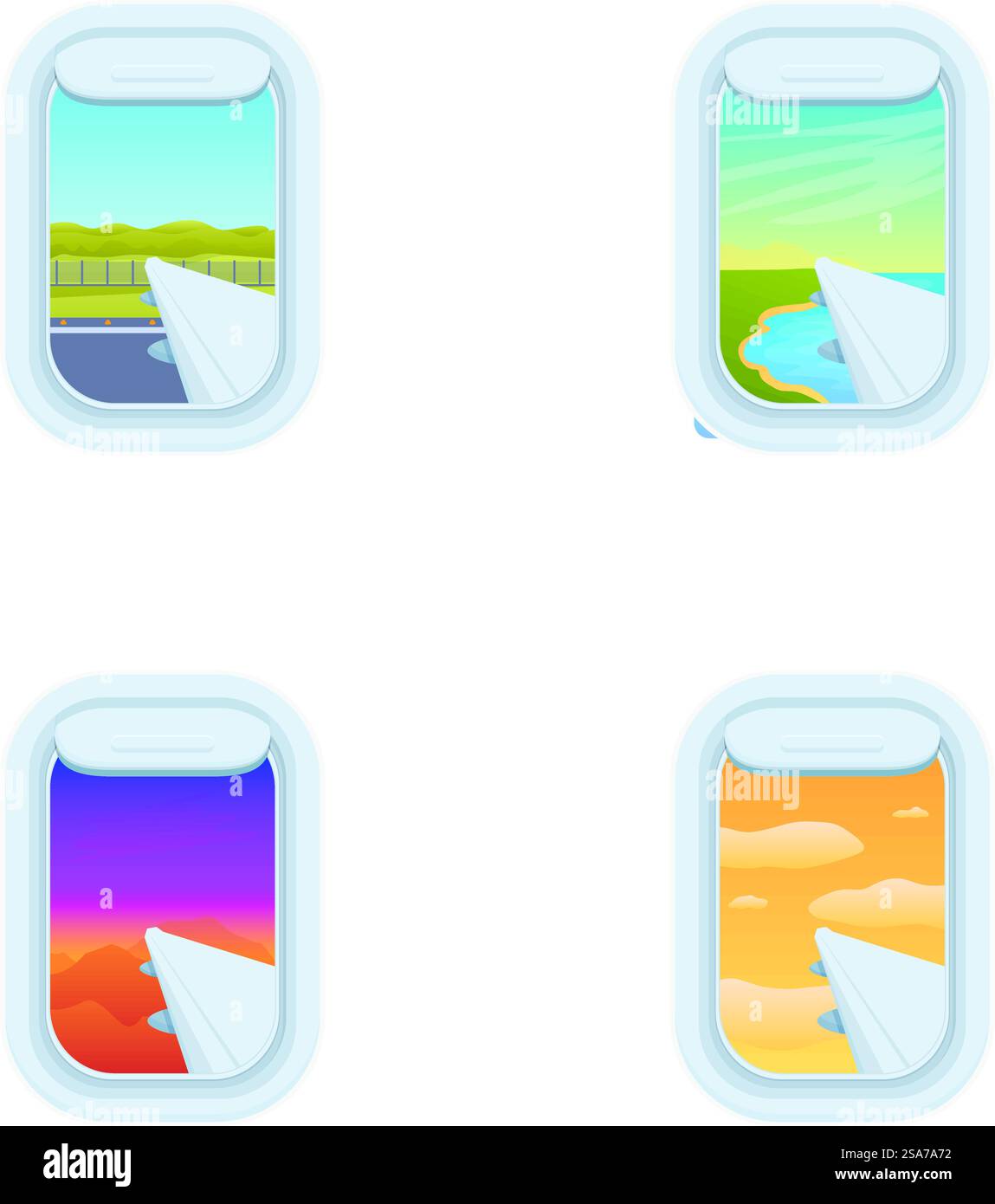 Illustrations of airplane windows with views representing spring, summer, autumn, and winter ...