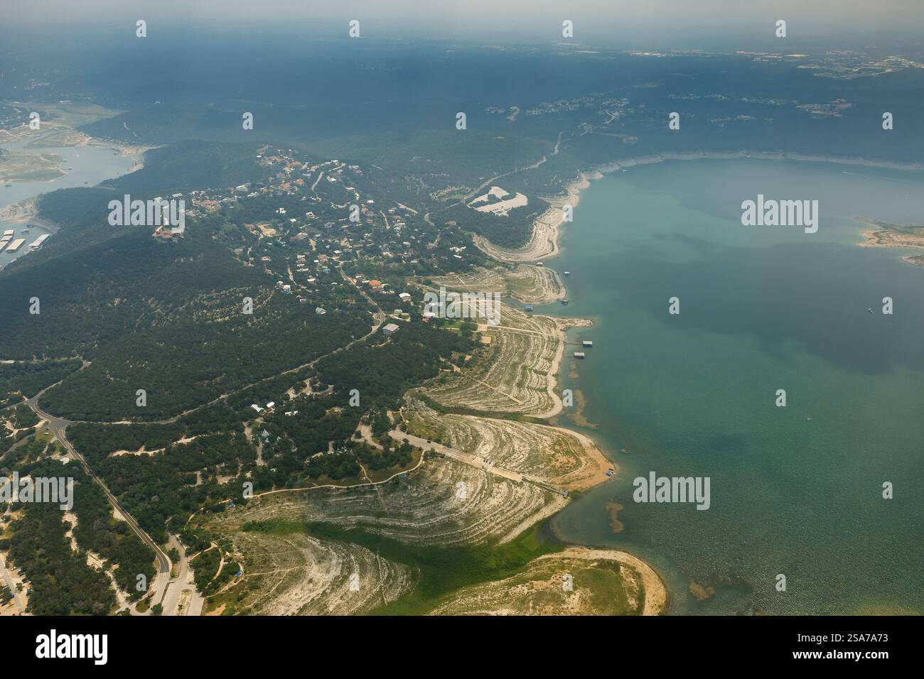 Aerial view of shoreline of Lake Travis showing effects of extended ...