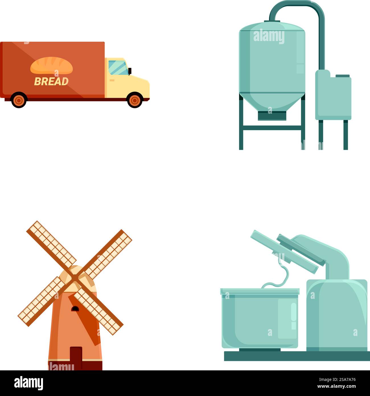 Collection of four icons illustrating a bread delivery truck, a silo, a ...