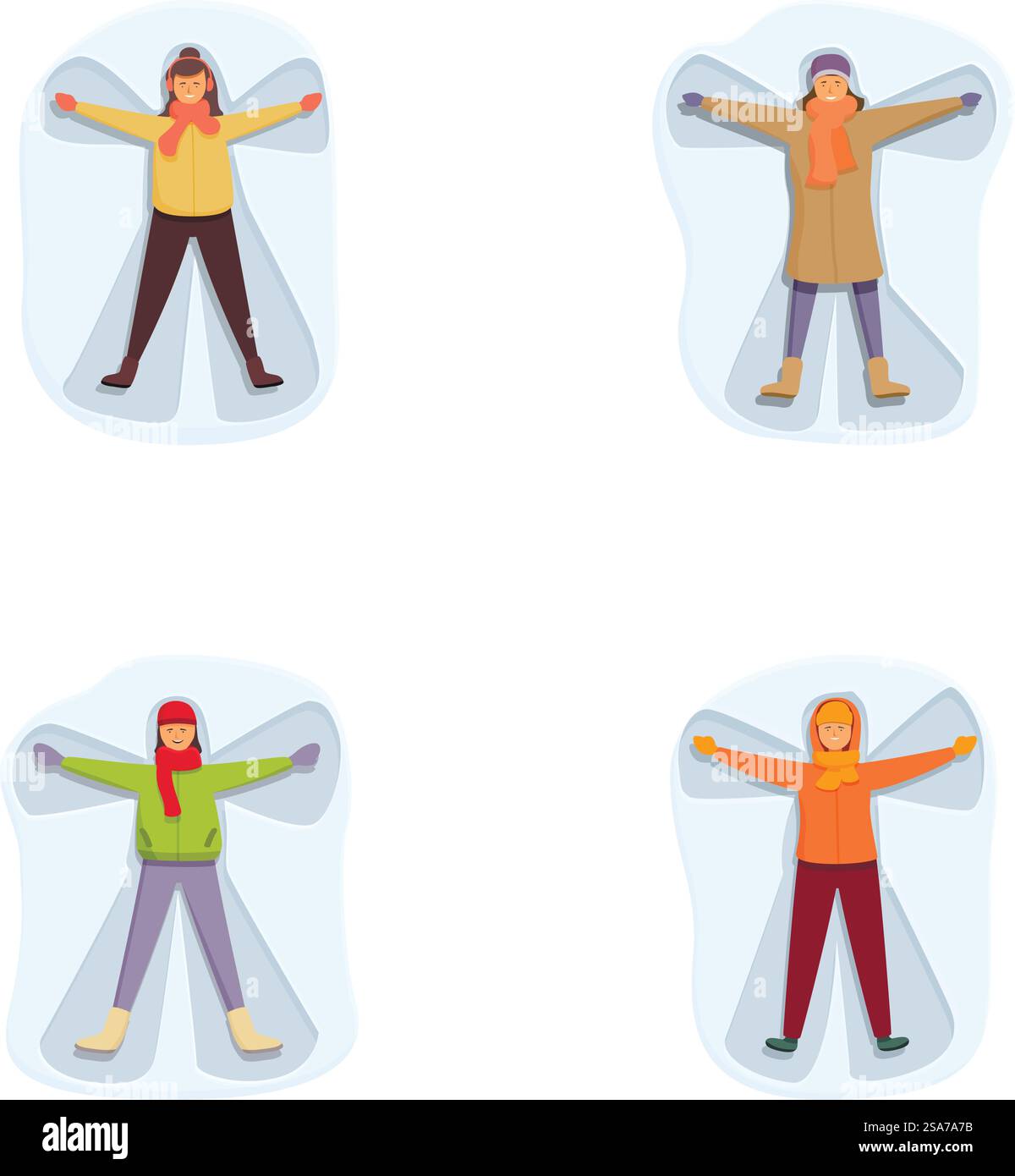 Four colorful illustrations of people making snow angels in different ...