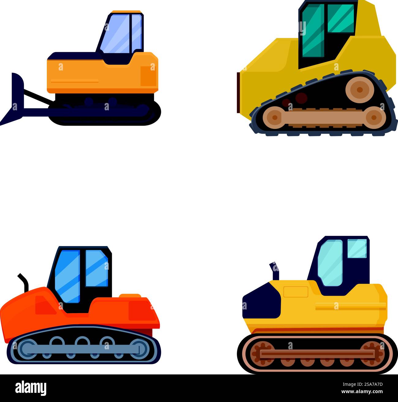 Collection of four colorful, stylized bulldozer graphics on a white background. Set of cartoon ...