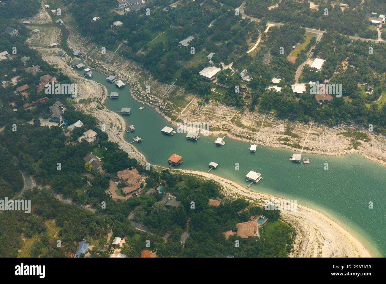 Aerial view of shoreline of Lake Travis showing effects of extended ...