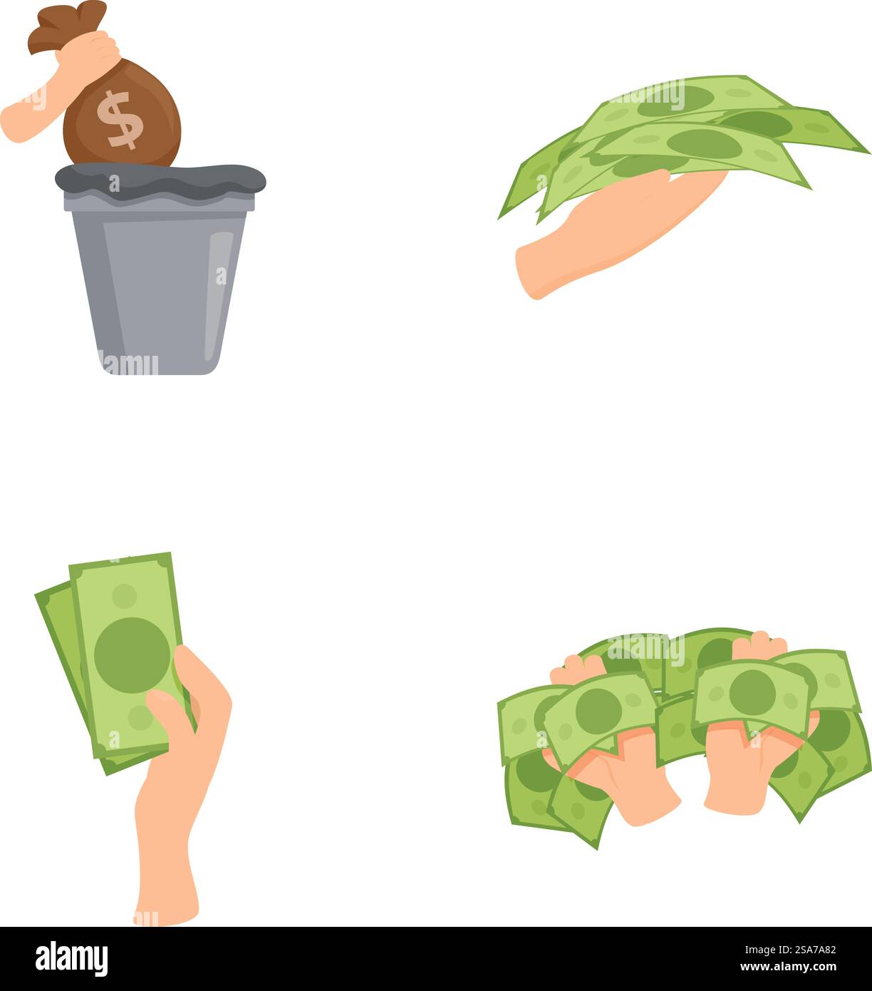 Vector illustrations of hands with money, throwing cash away, and ...