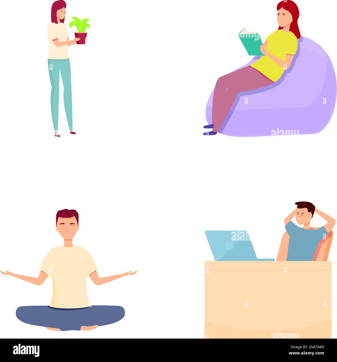 Stress prevention icons set cartoon vector. People deal with stress ...