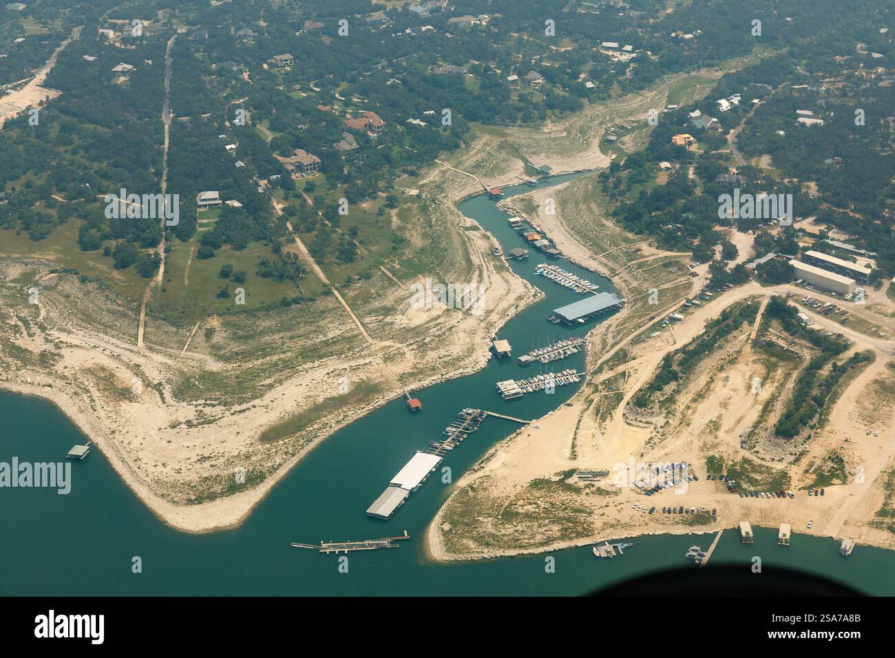 Aerial view of shoreline of Lake Travis showing effects of extended ...