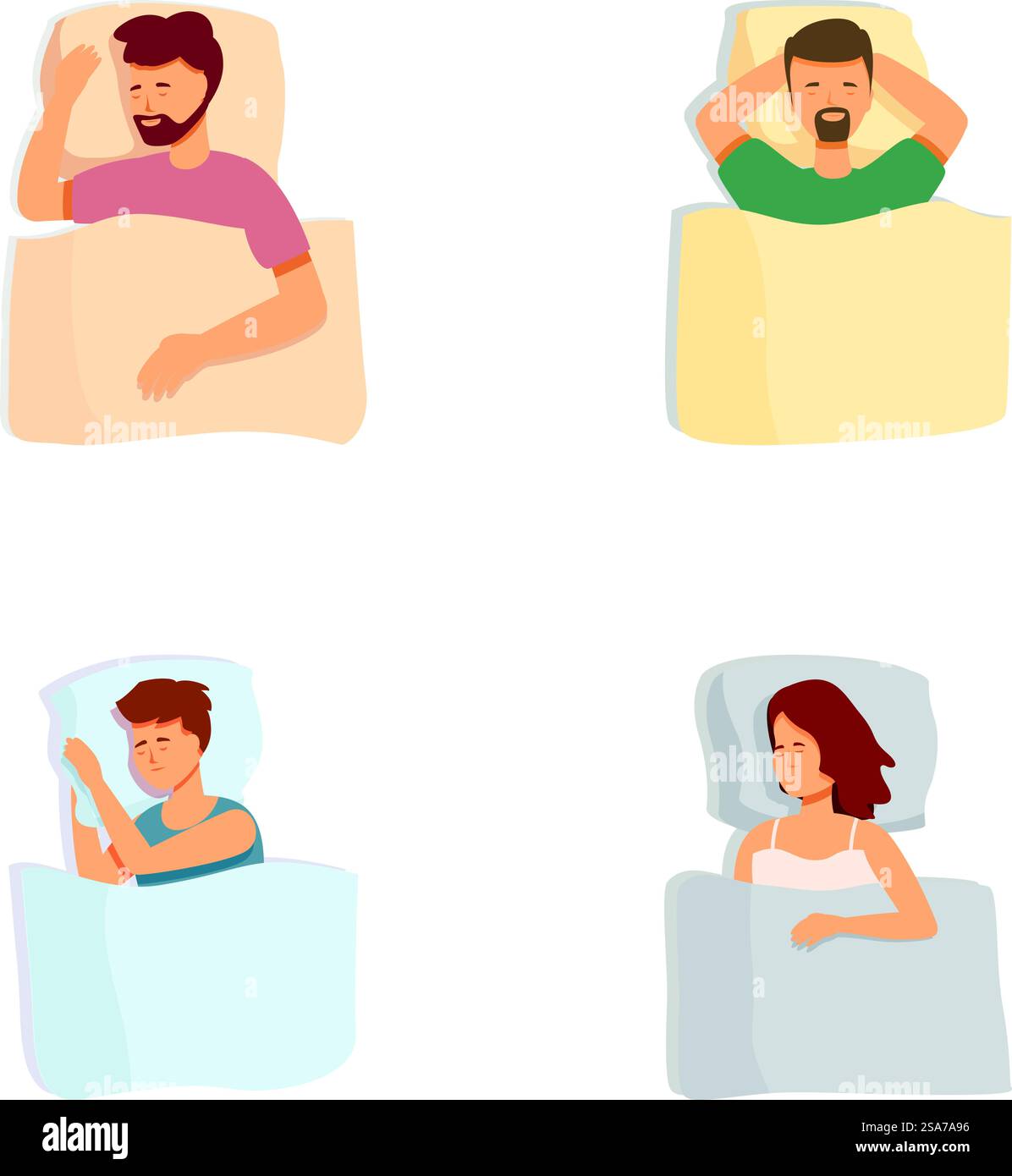 Illustration of four individuals with different sleep discomforts hi ...