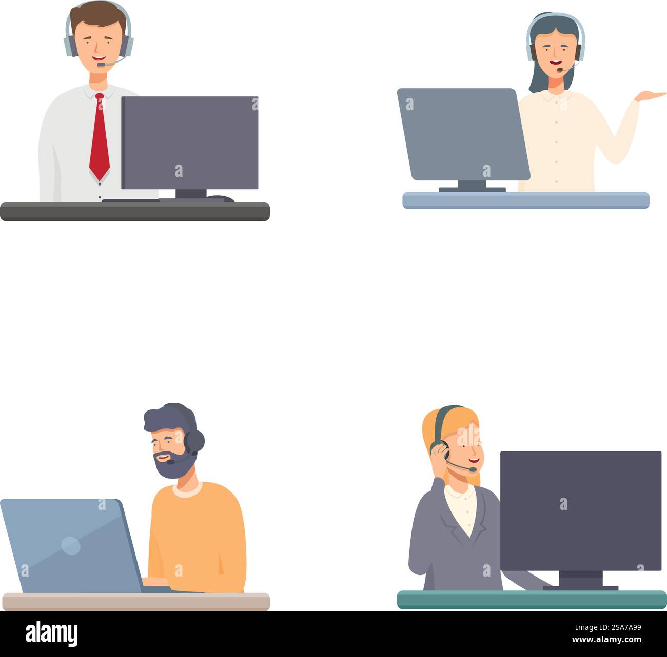 Four illustrations showcasing customer support agents with headsets in various poses and ...