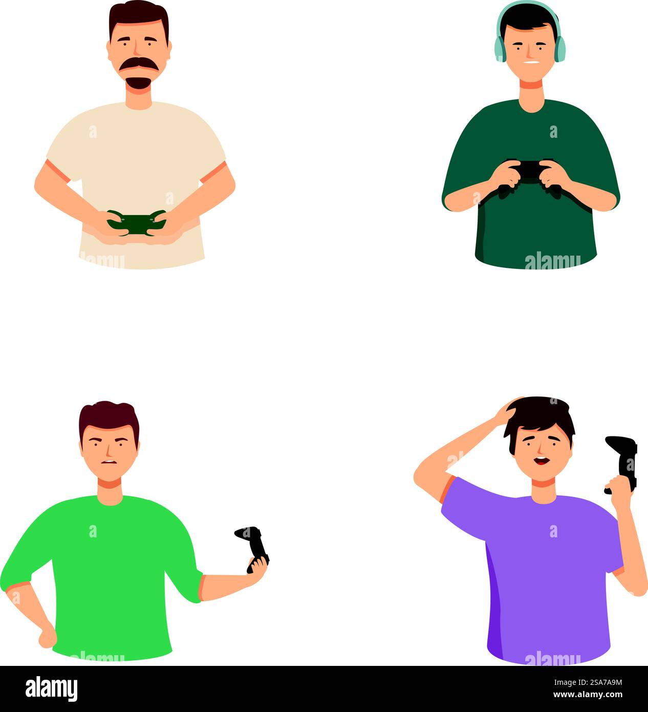 Collection of male avatars showcasing various expressions and gestures isolated on white ...