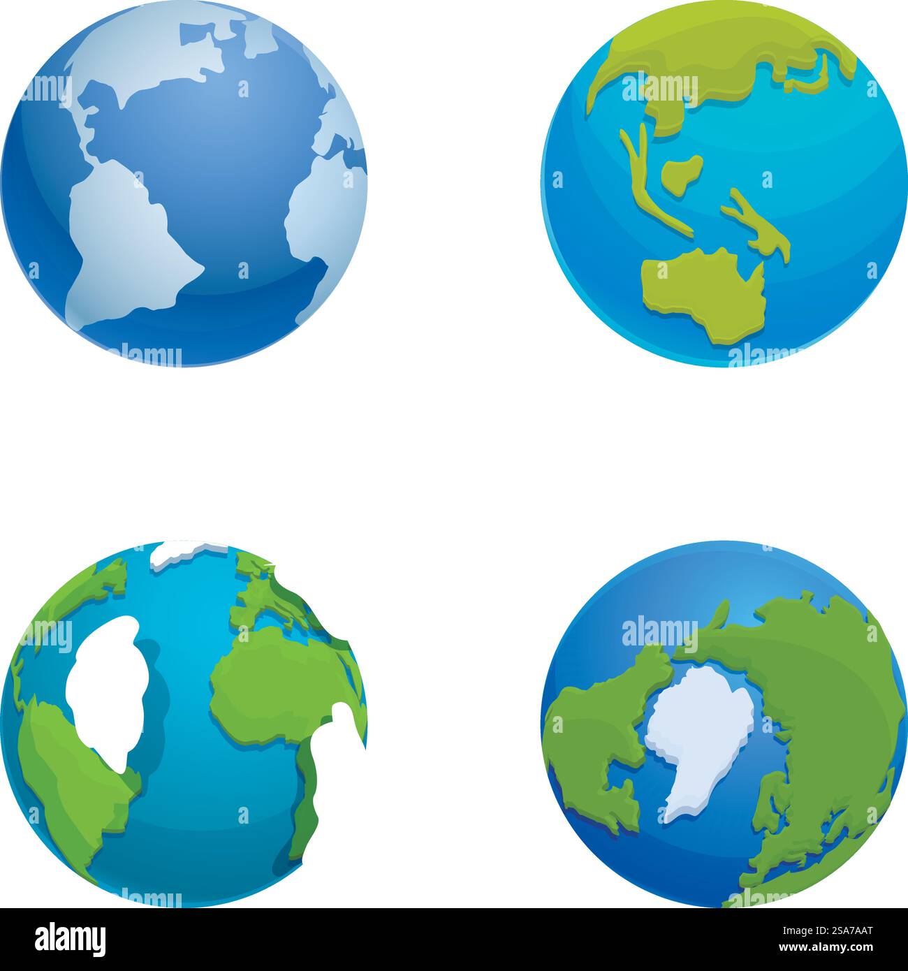 Colorful vector set showcasing four cartoonstyle globes, each with a different continent in ...