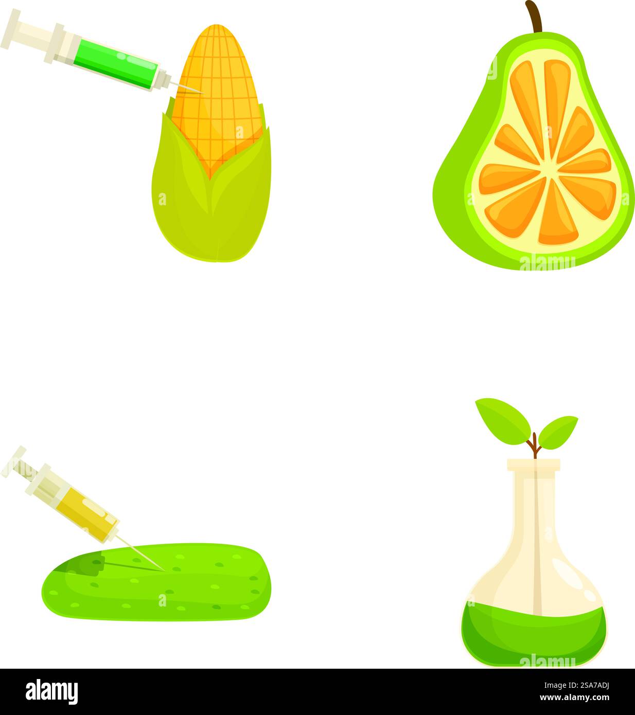 Creative set of four illustrations representing genetically modified food with syringes. Set of ...