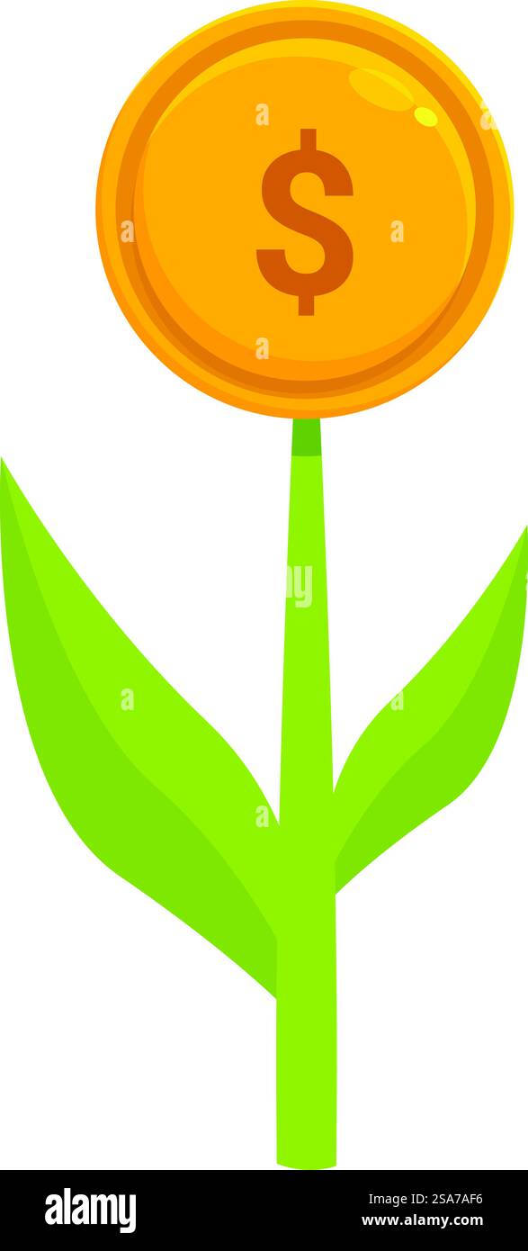 Cartoon golden dollar coin is growing on a green plant stem ...