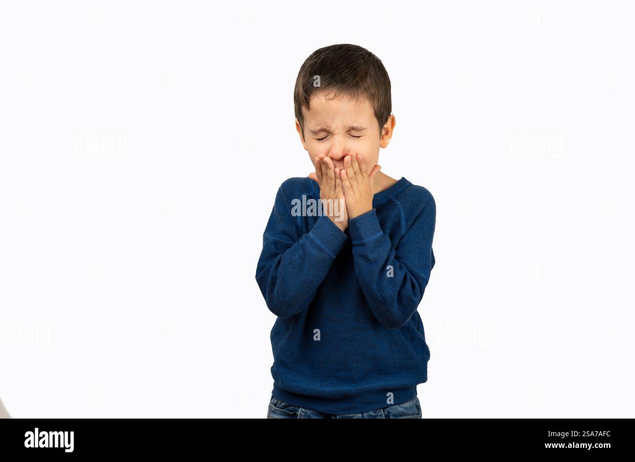 Shot of a child suffering with the coughing as symptom for cold or ...