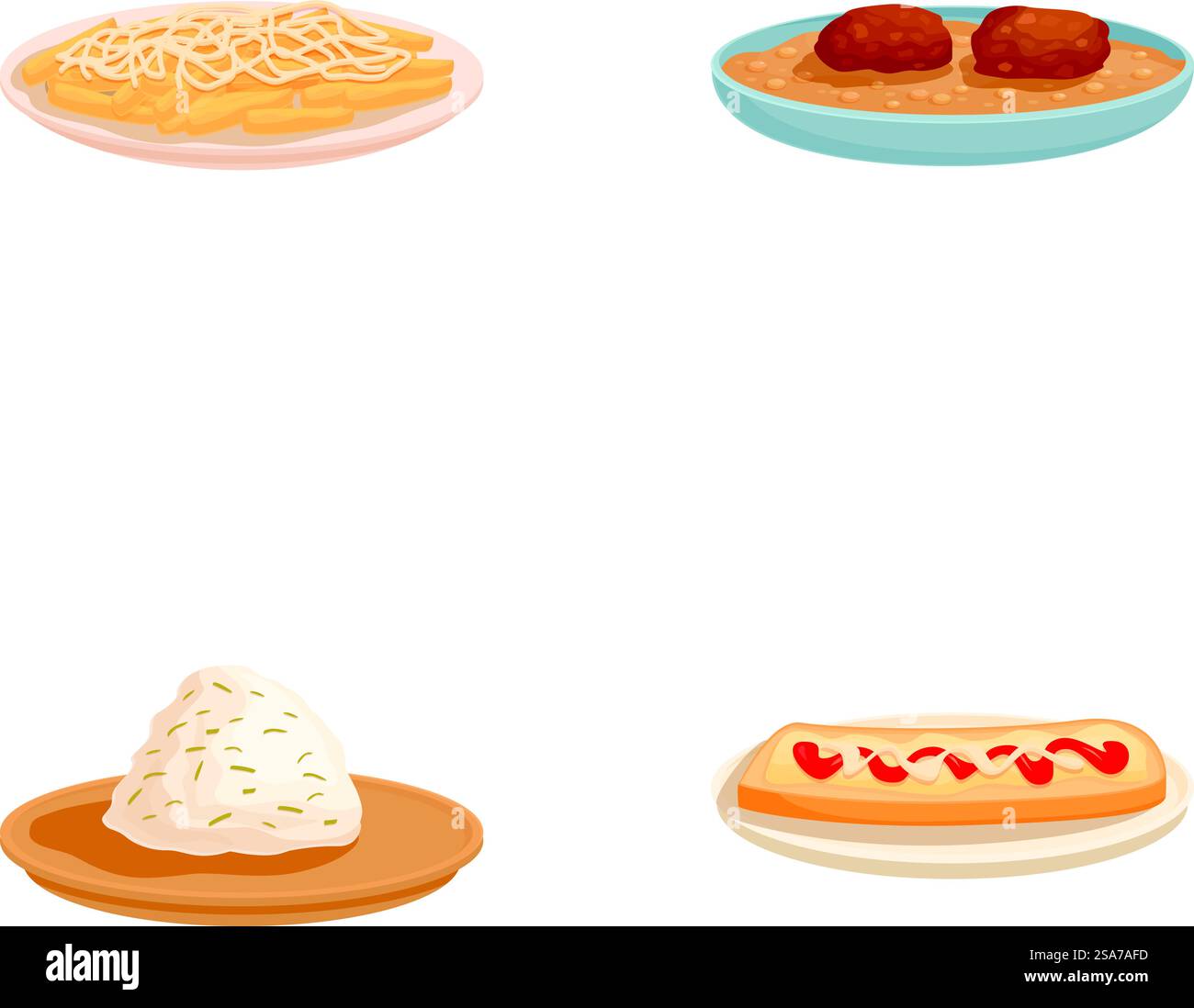 Set of four cartoon illustrations featuring different dishes, spaghetti ...