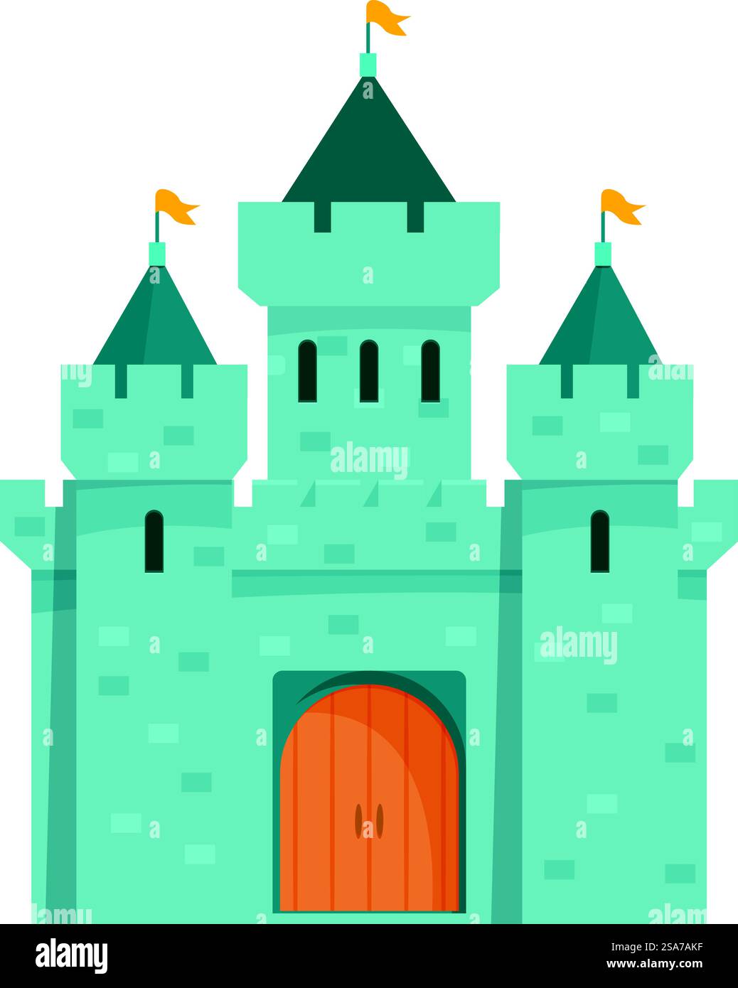 Classic medieval stone castle is brightly colored with flags flying ...