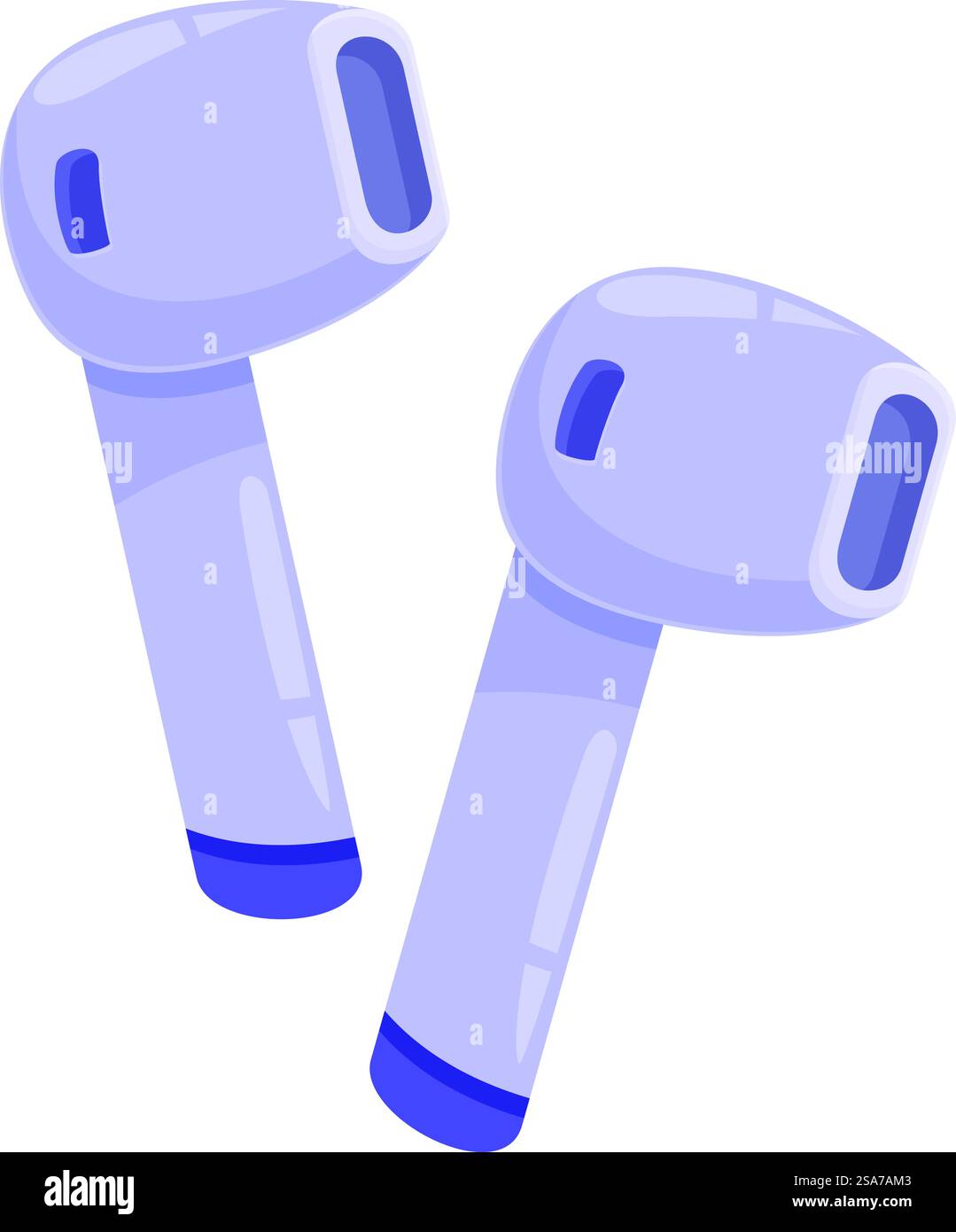 Two purple wireless bluetooth earbuds floating on a white background ...