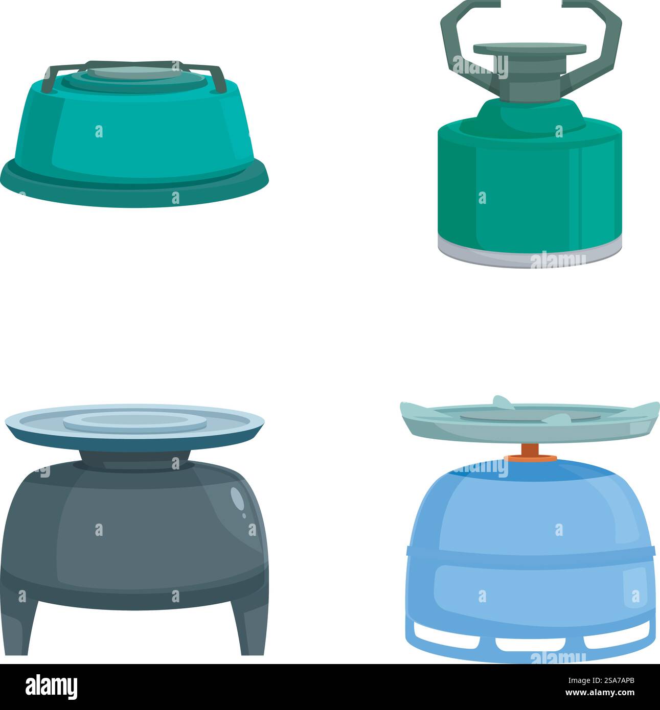 Collection of four vector icons depicting various types of portable camping stoves in a flat ...
