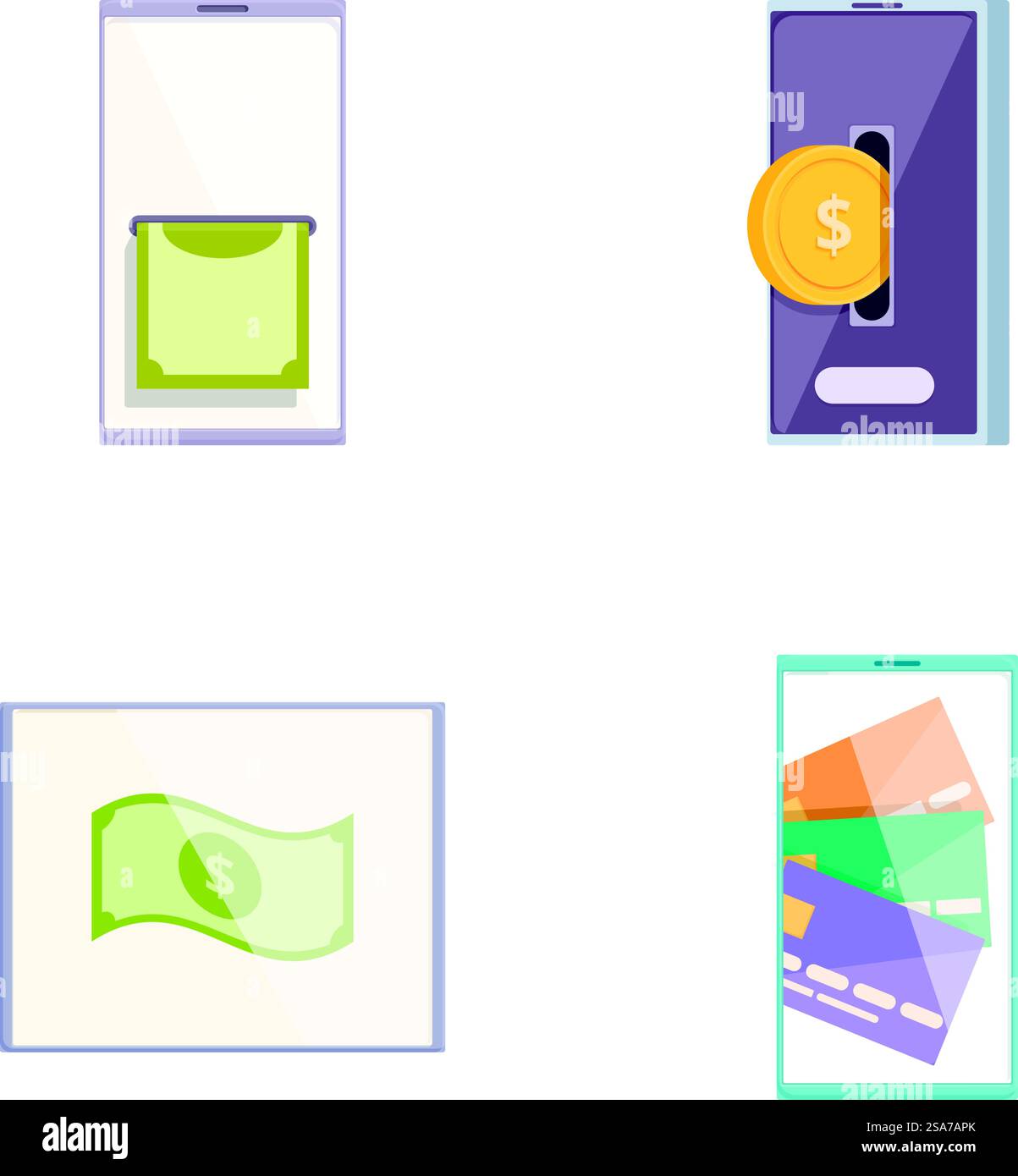 Collection of colorful vector icons representing various digital payment methods and banking ...