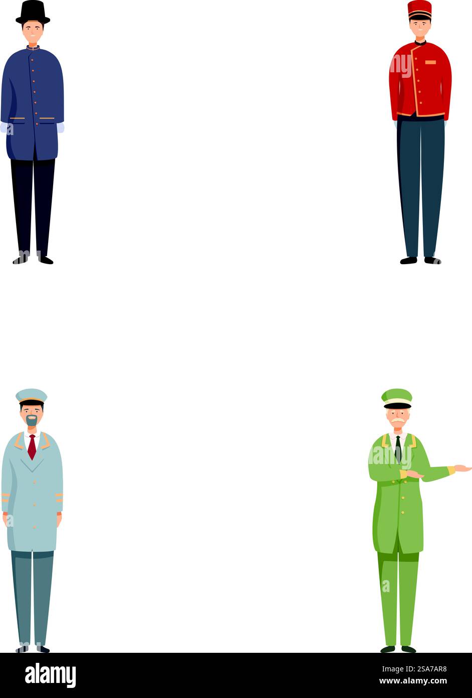 Collection of four male characters in various professional uniforms hi ...
