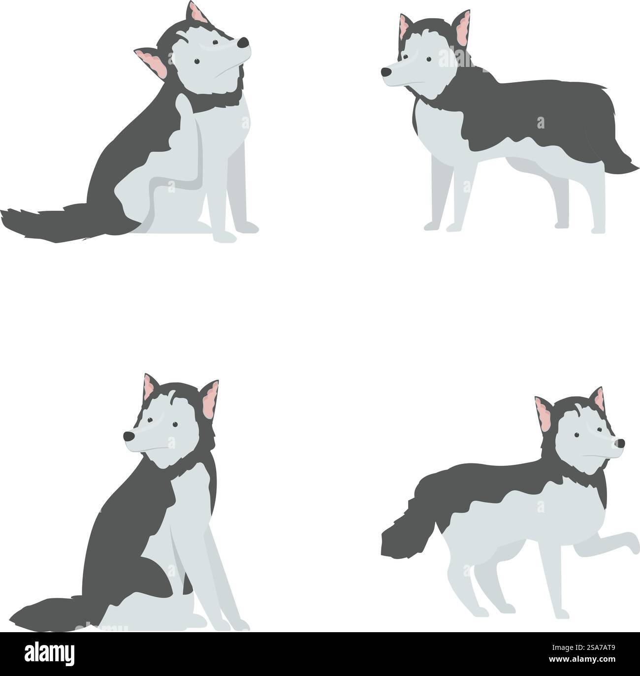 Collection of cute cartoon siberian huskies in different poses ...