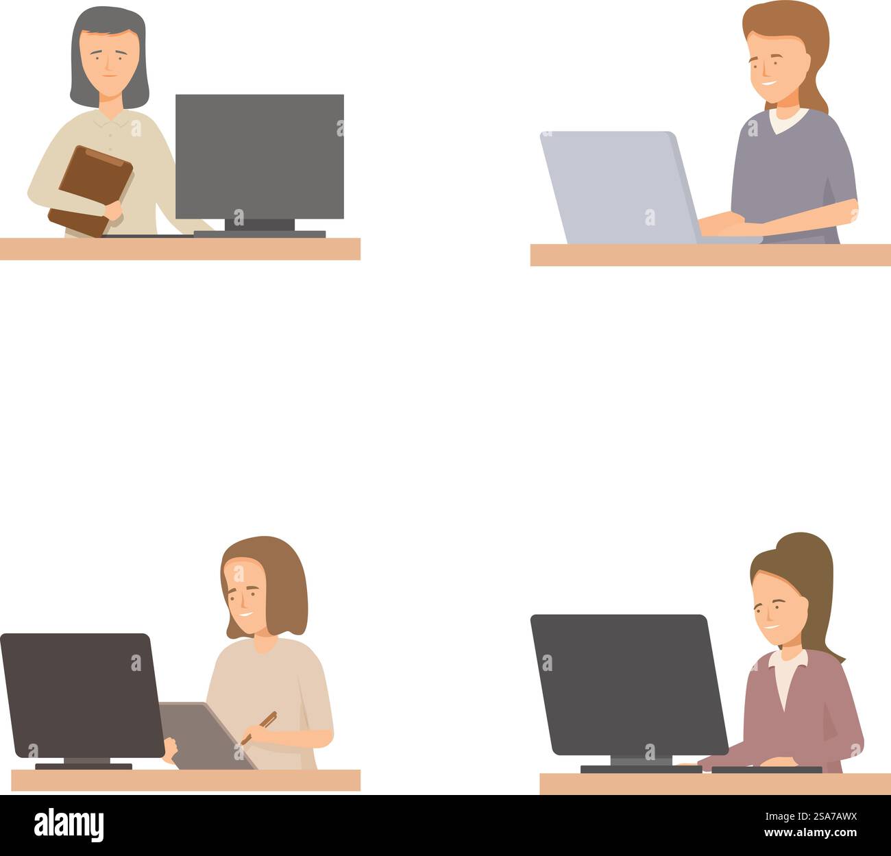 Vector illustrations of four different employees working at computers ...