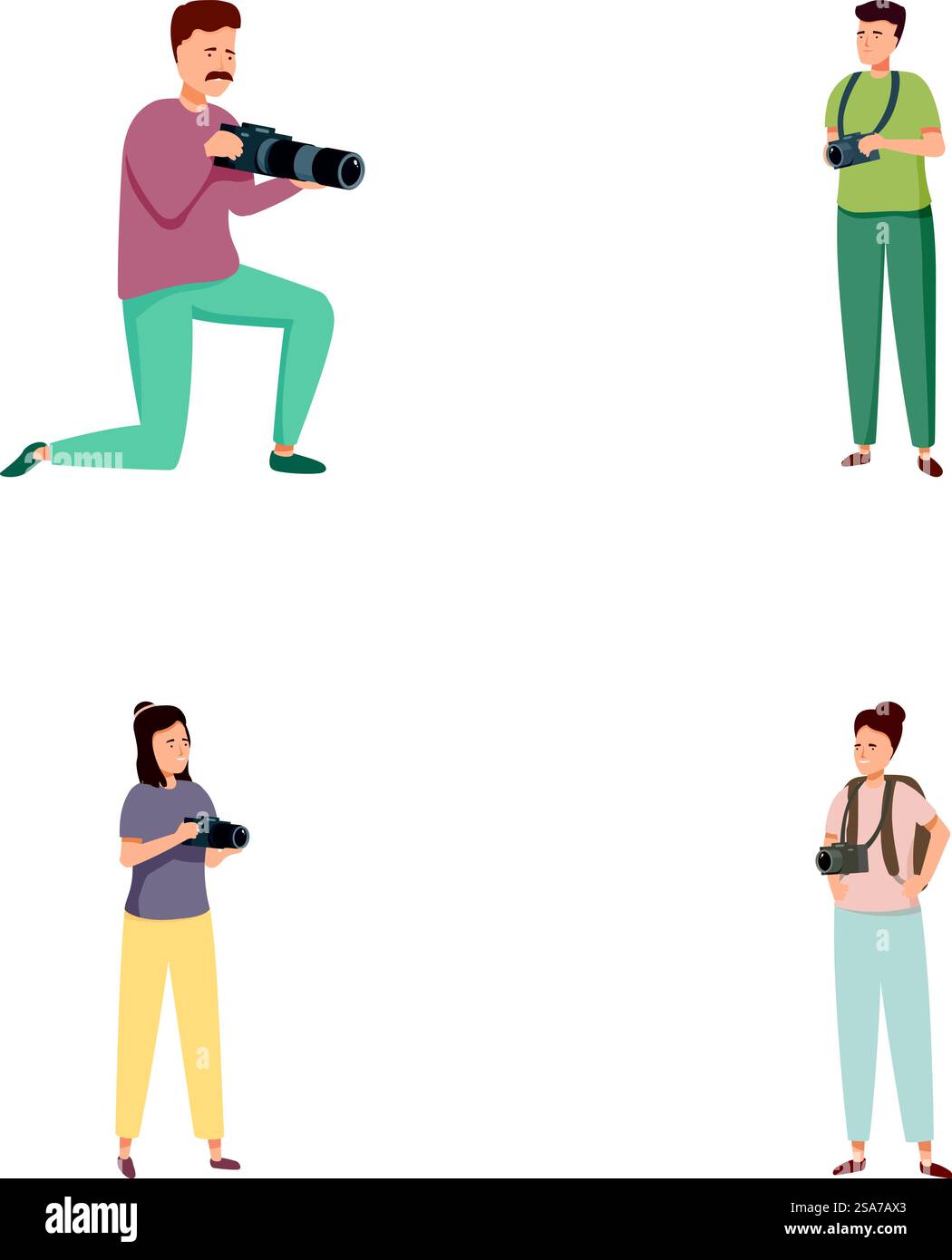 Illustration of diverse cartoon photographers holding cameras, posed to ...