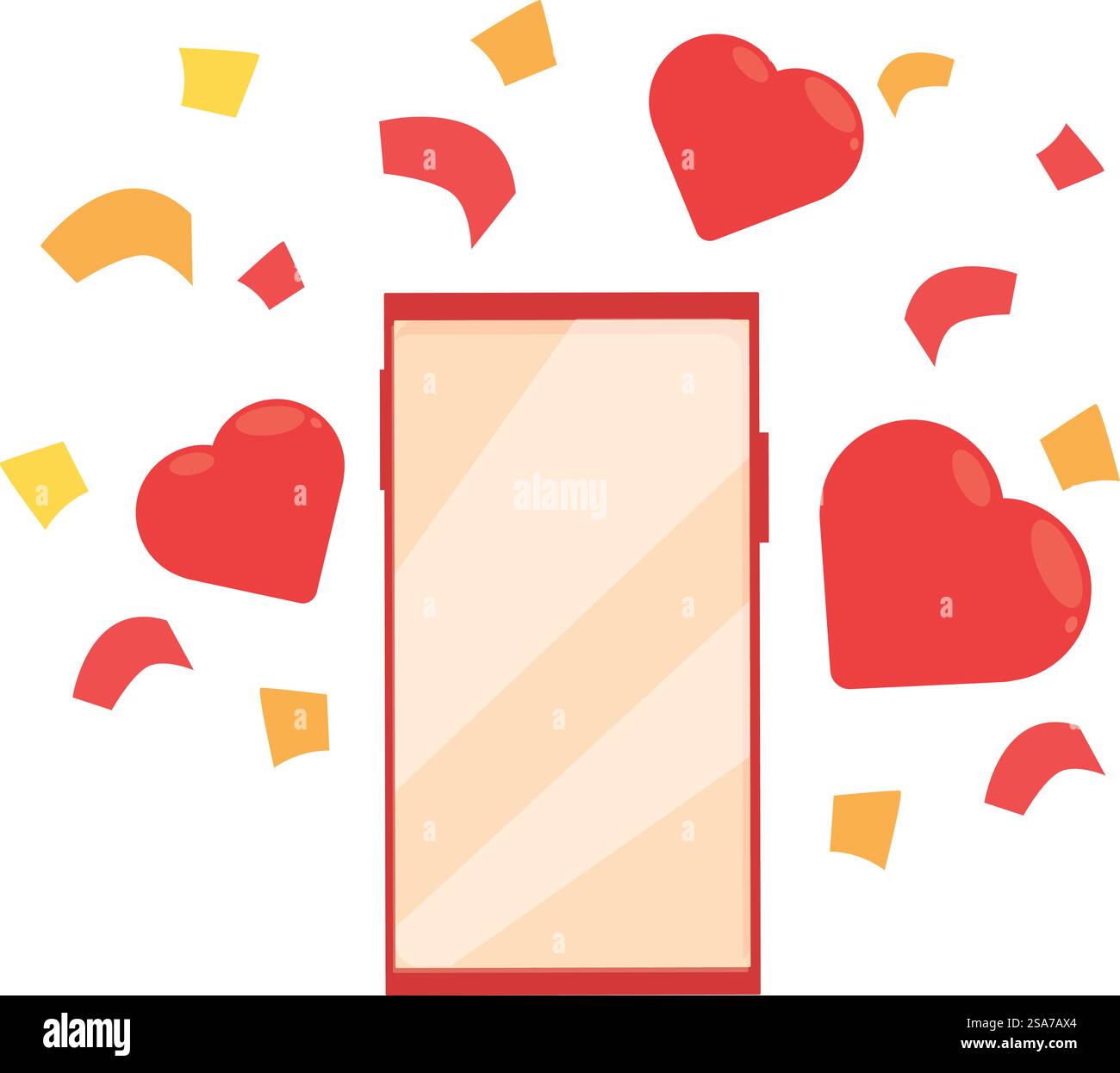 Smartphone receiving love messages with hearts and confetti flying ...