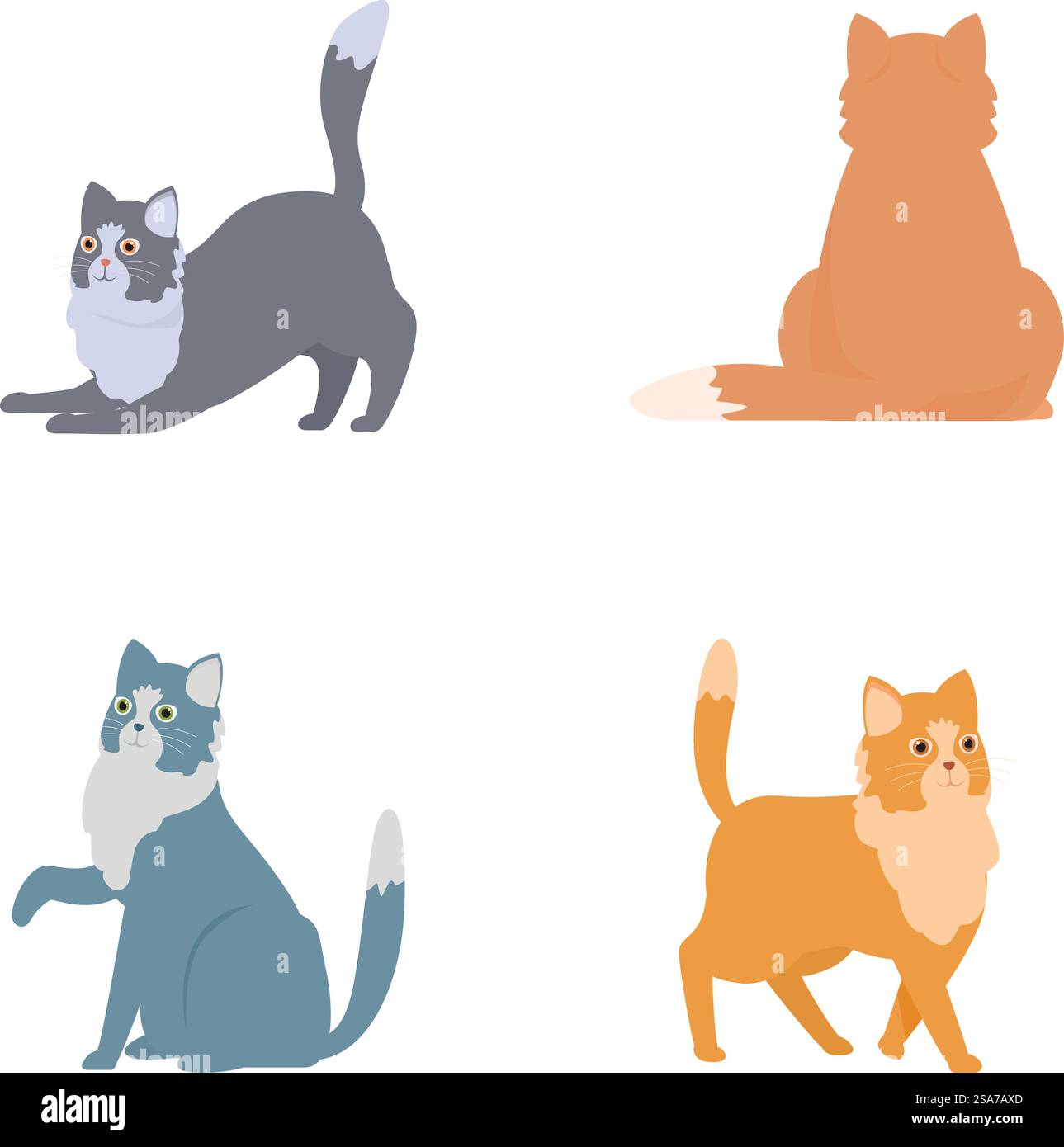 Set of four cute cartoon cats in different poses on a white background ...
