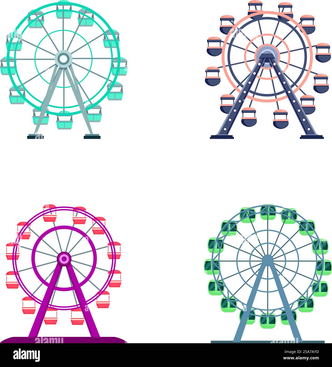 Collection of four stylized ferris wheel icons in various colors, perfect for theme park designs ...