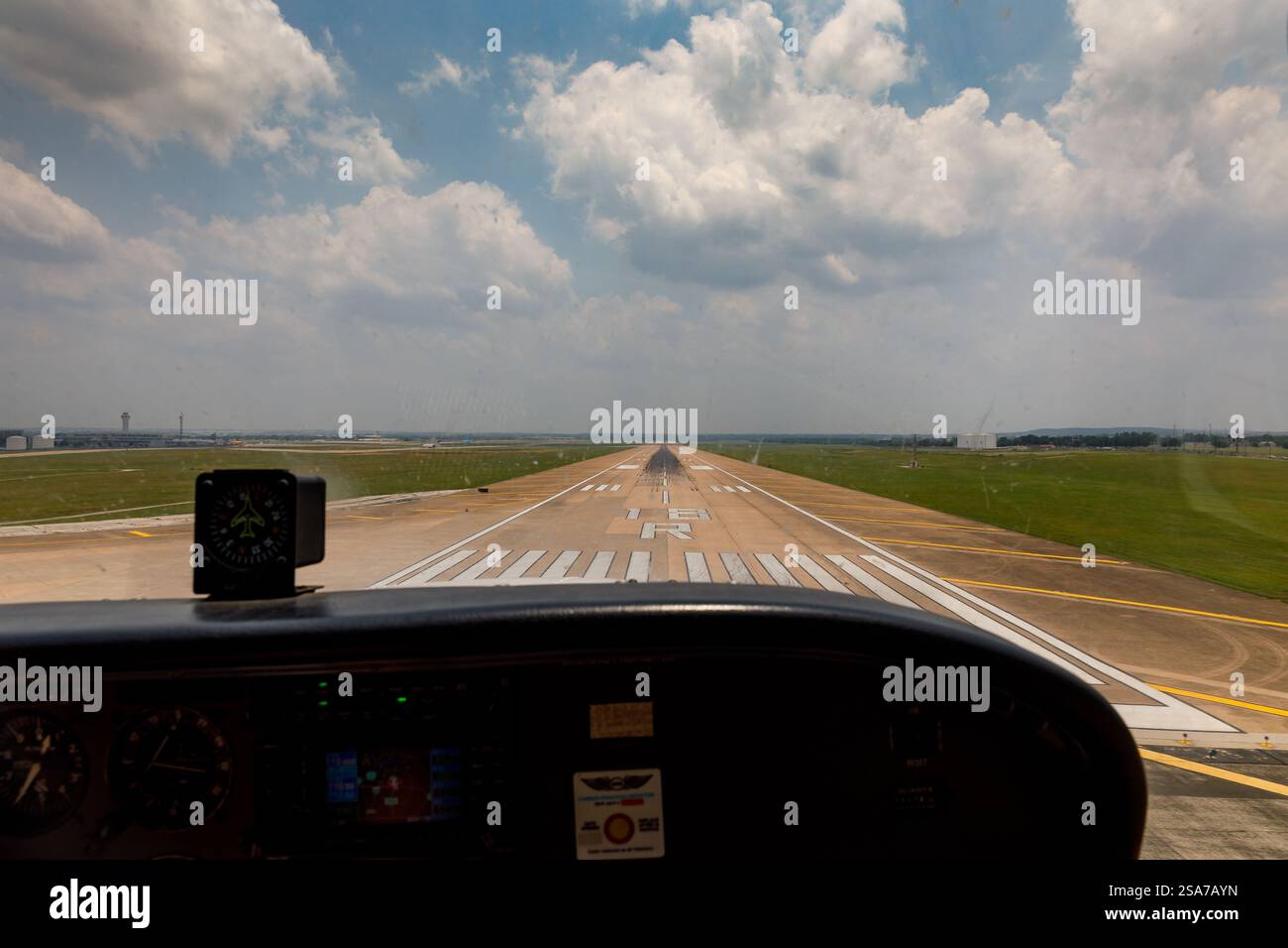 View of airport runway from cockpit of small single engine plane Stock ...
