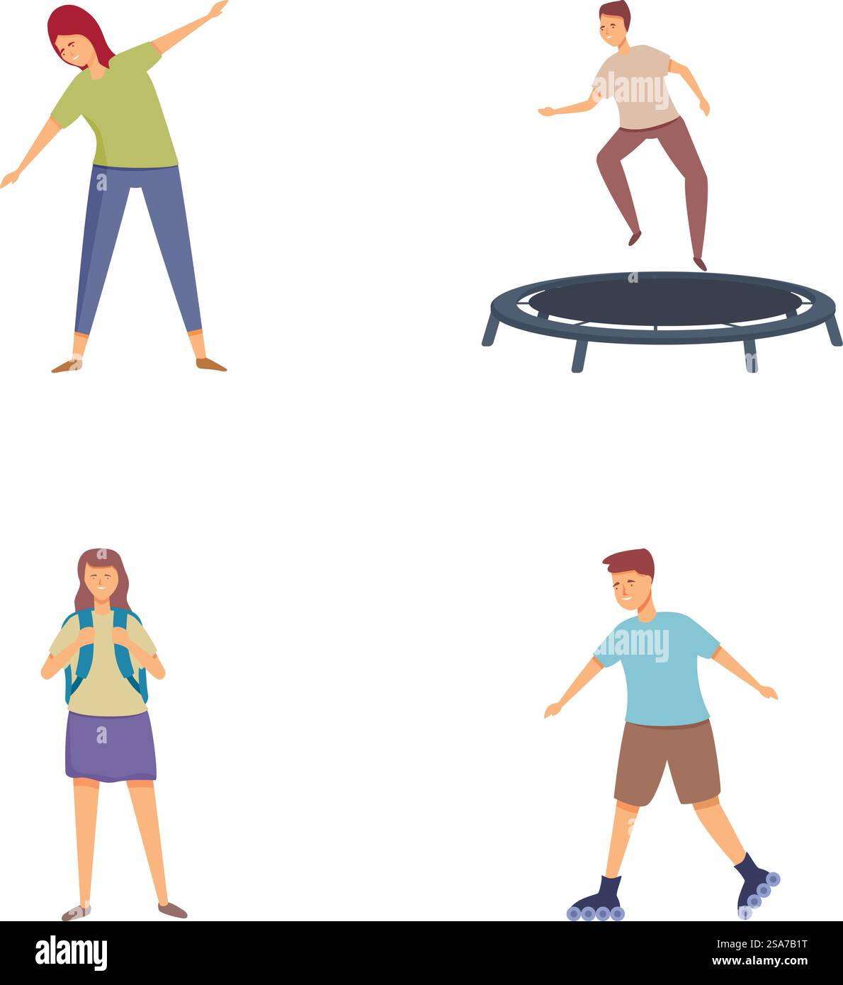 Collection of illustrated characters performing various recreational ...