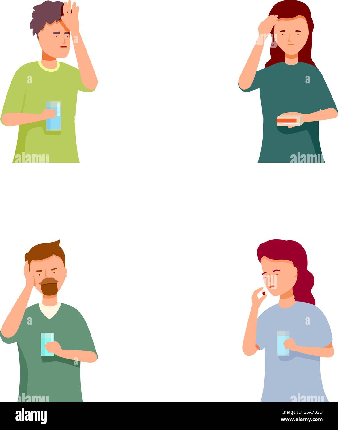 Illustrations of men and women holding their heads, depicting signs of ...