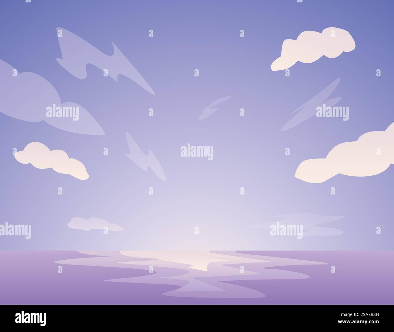 Purple sunset sky reflecting on the calm water with clouds. Purple ...