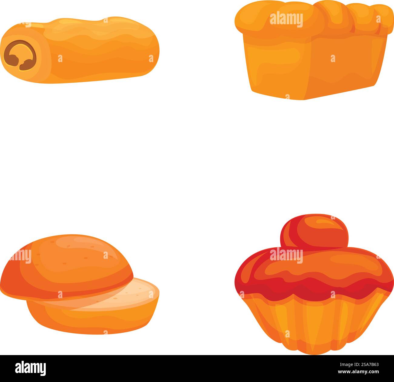 Vibrant collection of cartoonstyle bakery items including bread, pie ...