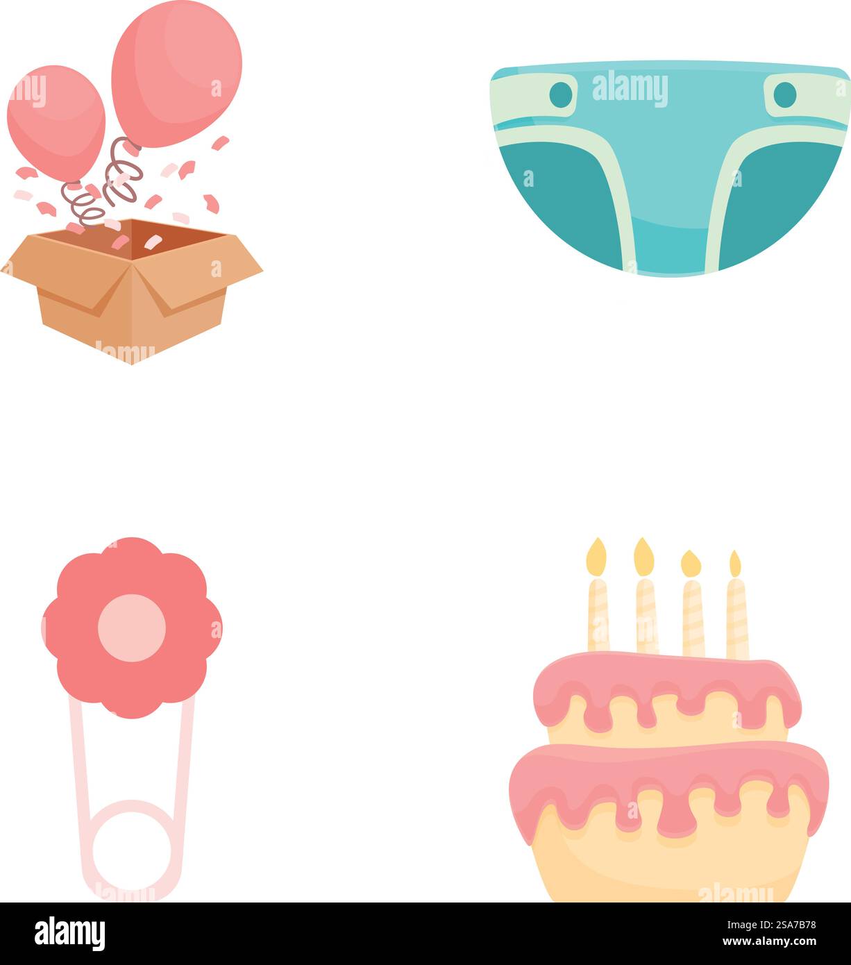 Vector icons set featuring party balloon box, baby diaper, flower ...