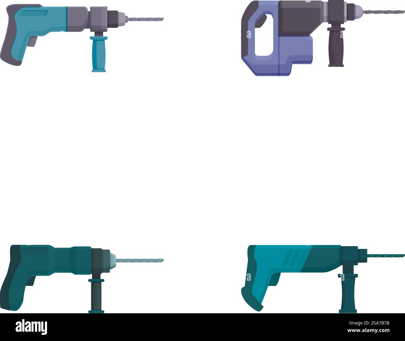 Collection of four isolated electric drill icons in a flat design style. Set of electric drills ...