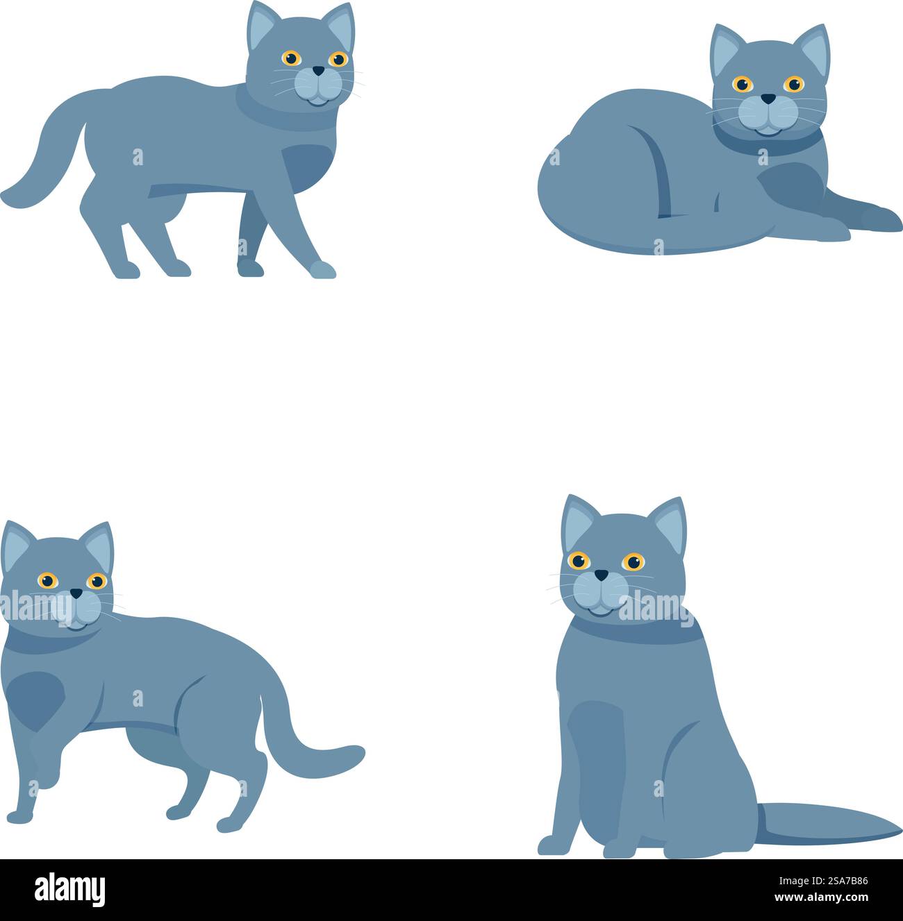 Adorable cartoon grey cats collection with cute poses and playful ...