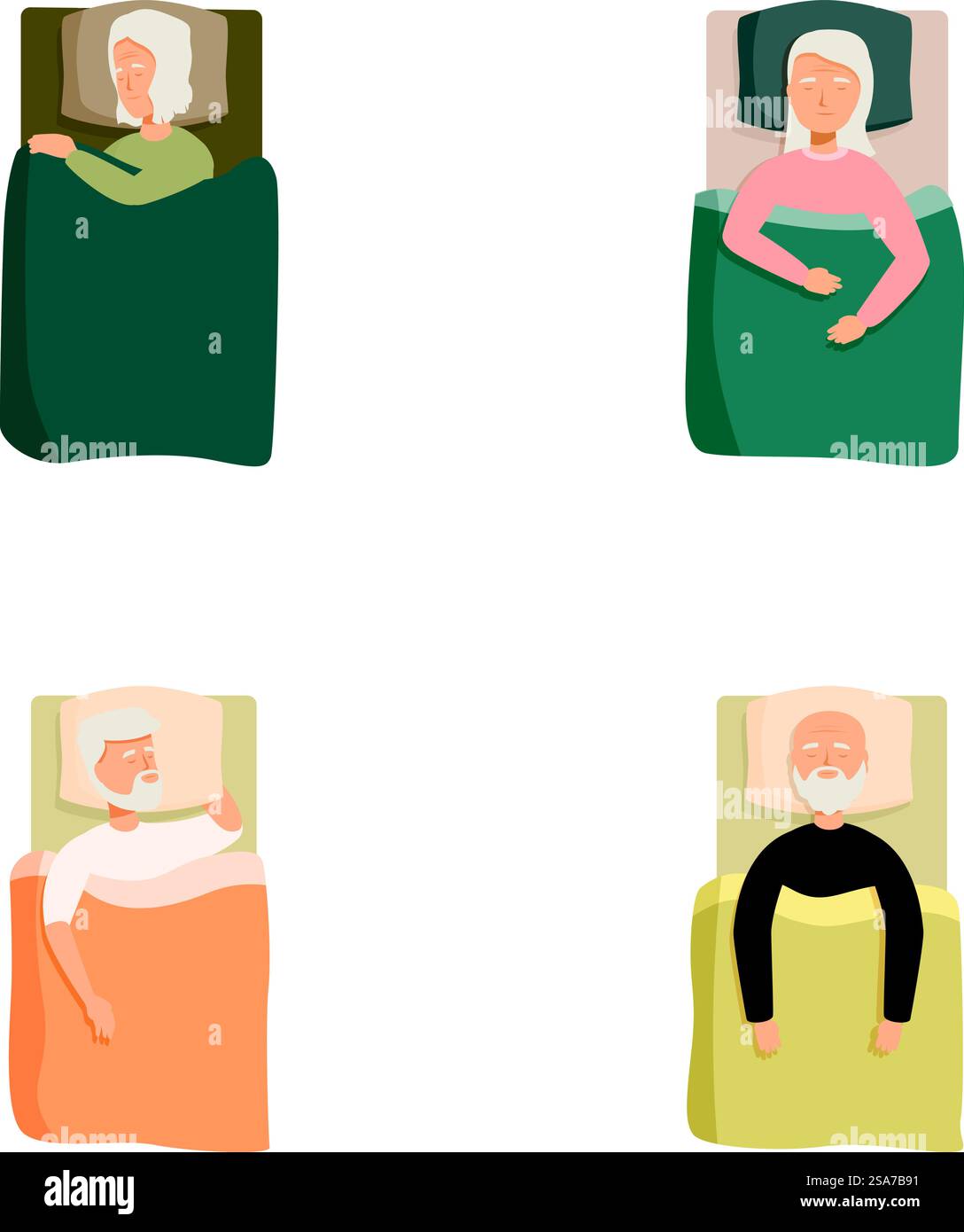 Four elderly individuals relaxing in bed, depicted in a modern flat design style. Senior people ...
