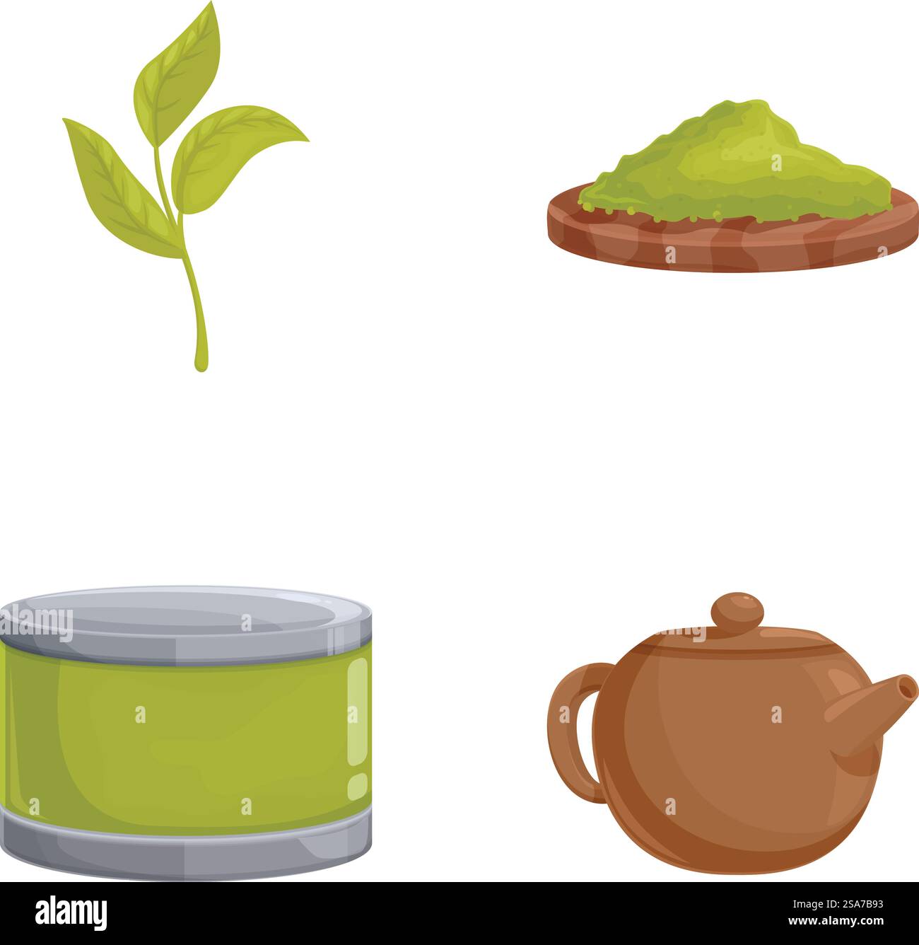 Set of matcha icons including a leaf, powder, teapot, and cup. Matcha ...