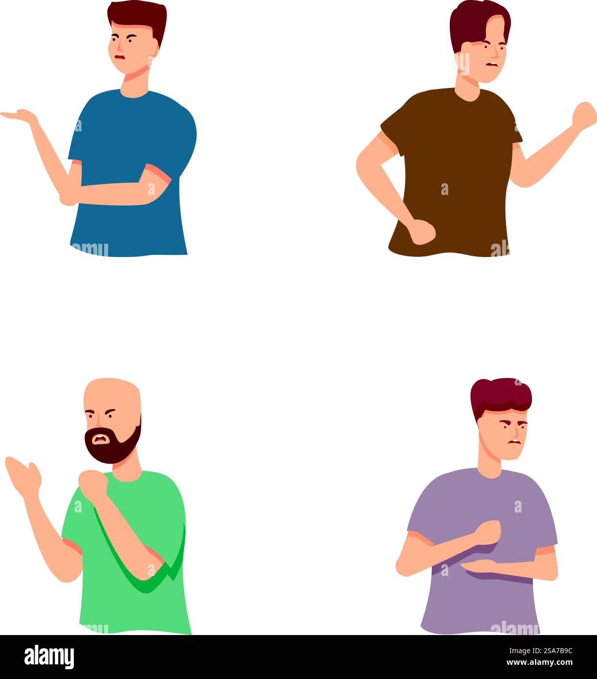 Vector illustration of four men expressing various feelings through ...