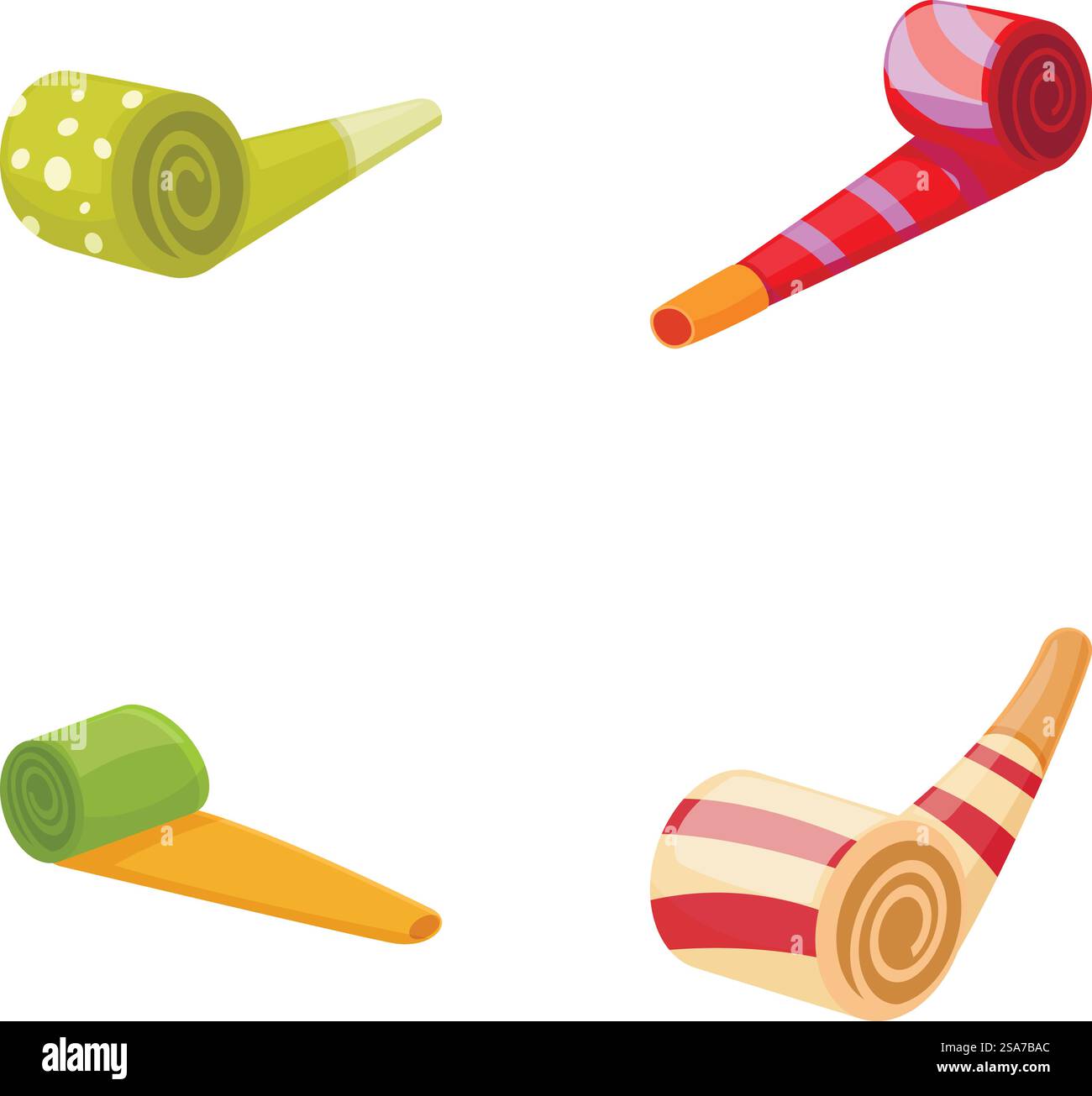 Vector illustration of four festive party blowers in various colors and ...
