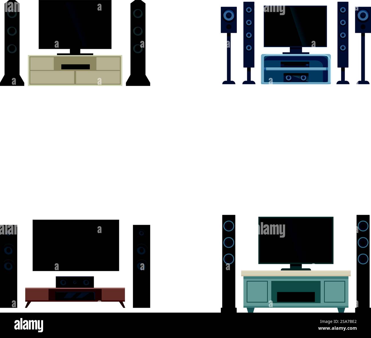 Vector set of various home cinema systems with speakers and tv. Modern home theater systems ...