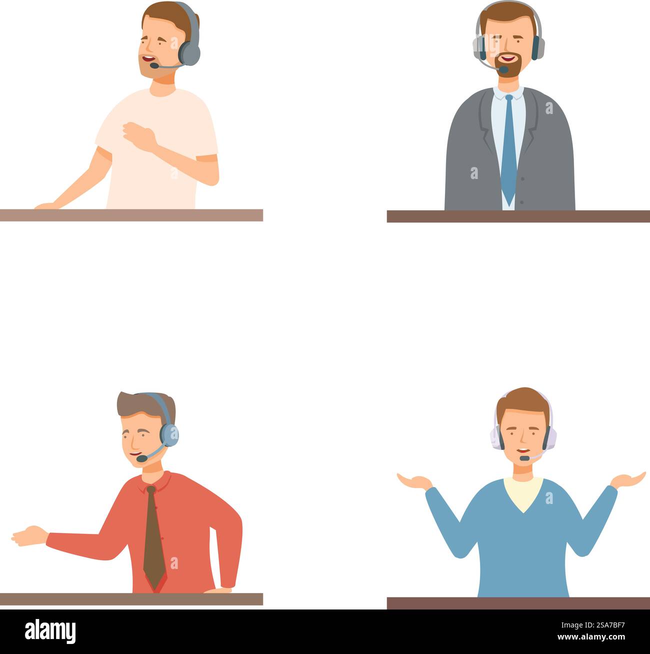 Set of four cartoon characters depicting diverse customer support agents with headsets. Customer ...
