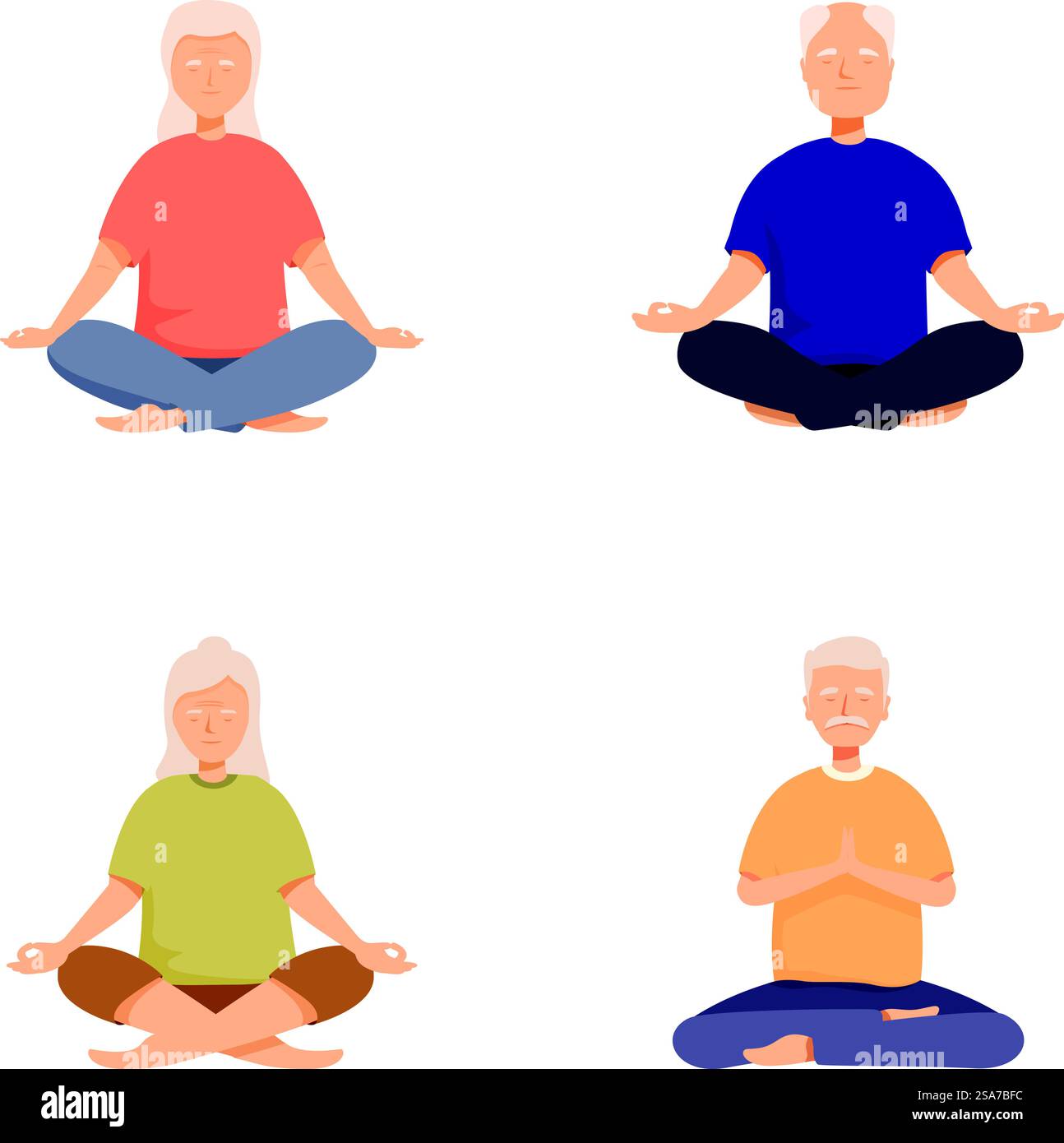 Four illustrations of elderly individuals in various meditation poses ...