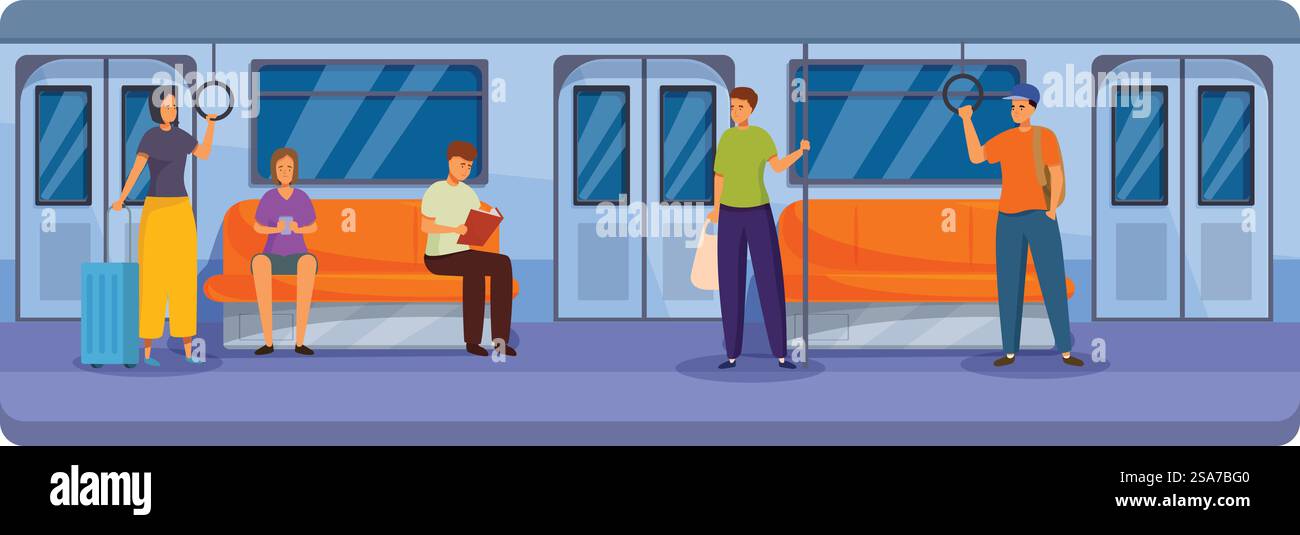 People using public transport standing and sitting in subway train ...