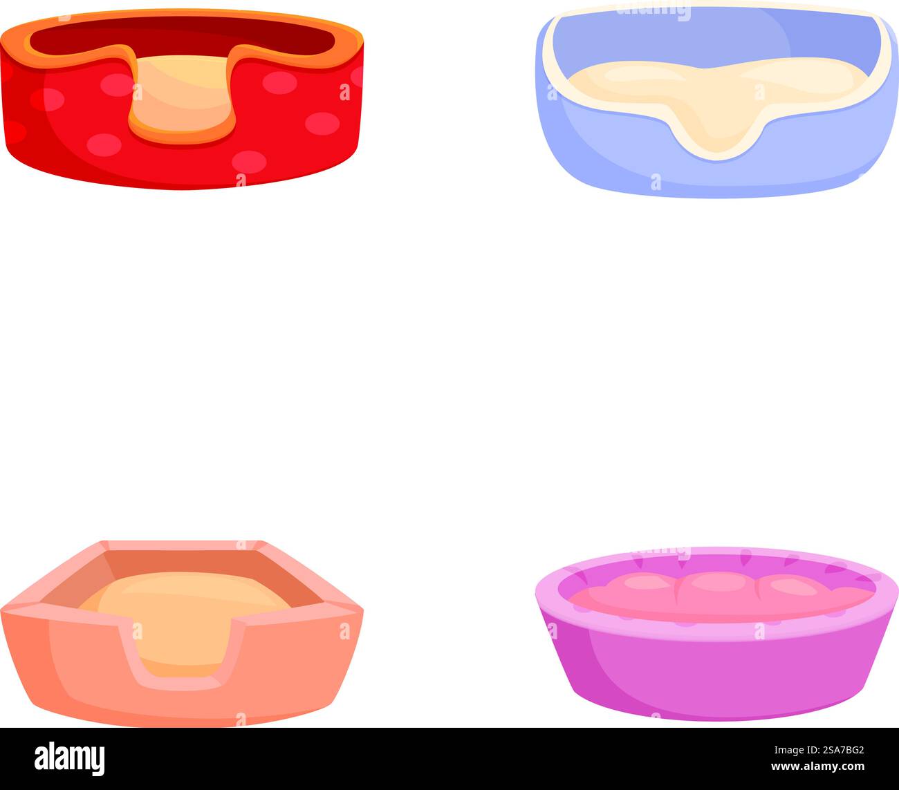 Collection of colorful cartoon dog bowls with food, isolated on a white ...