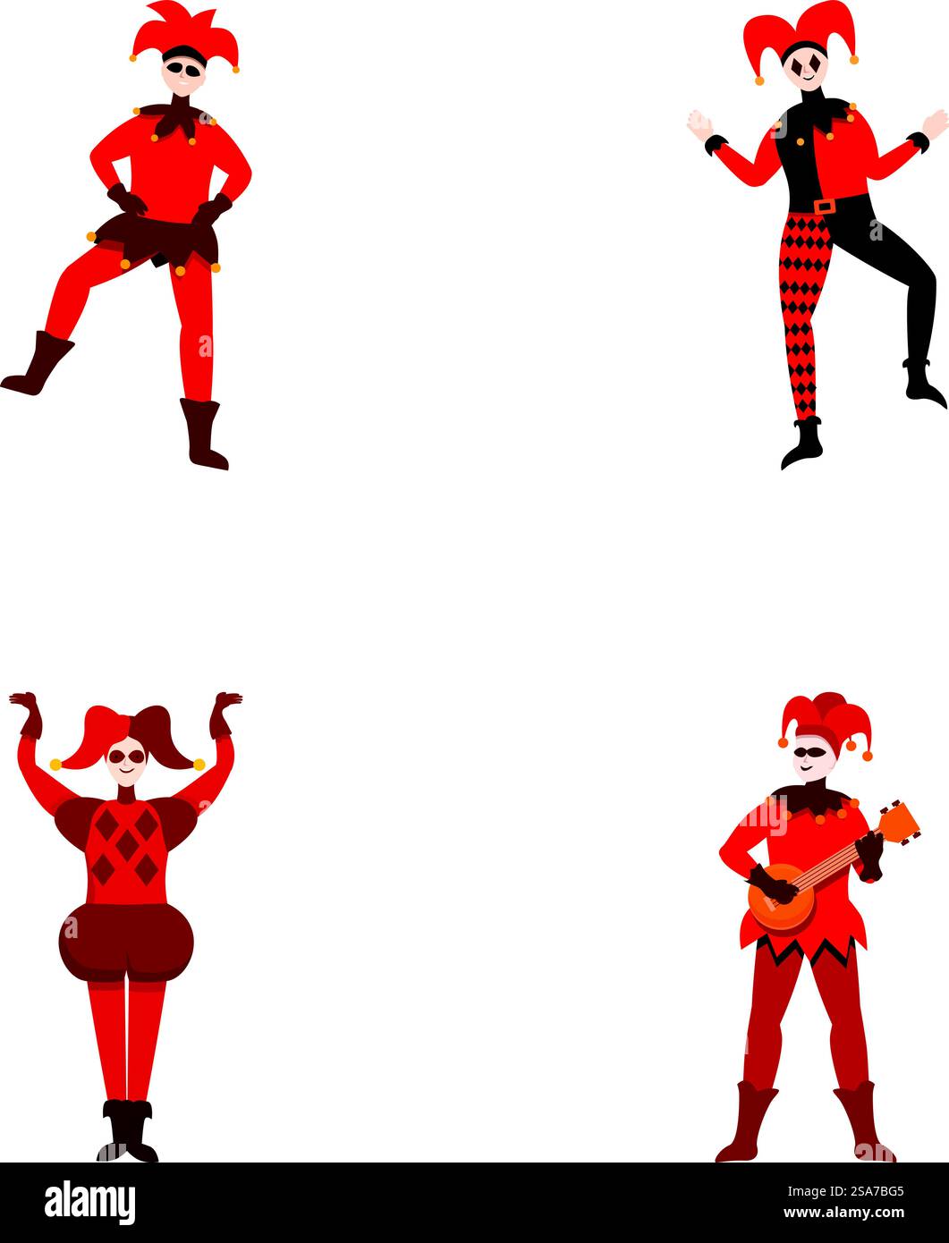 Collection of four colorful harlequin characters in various poses ...