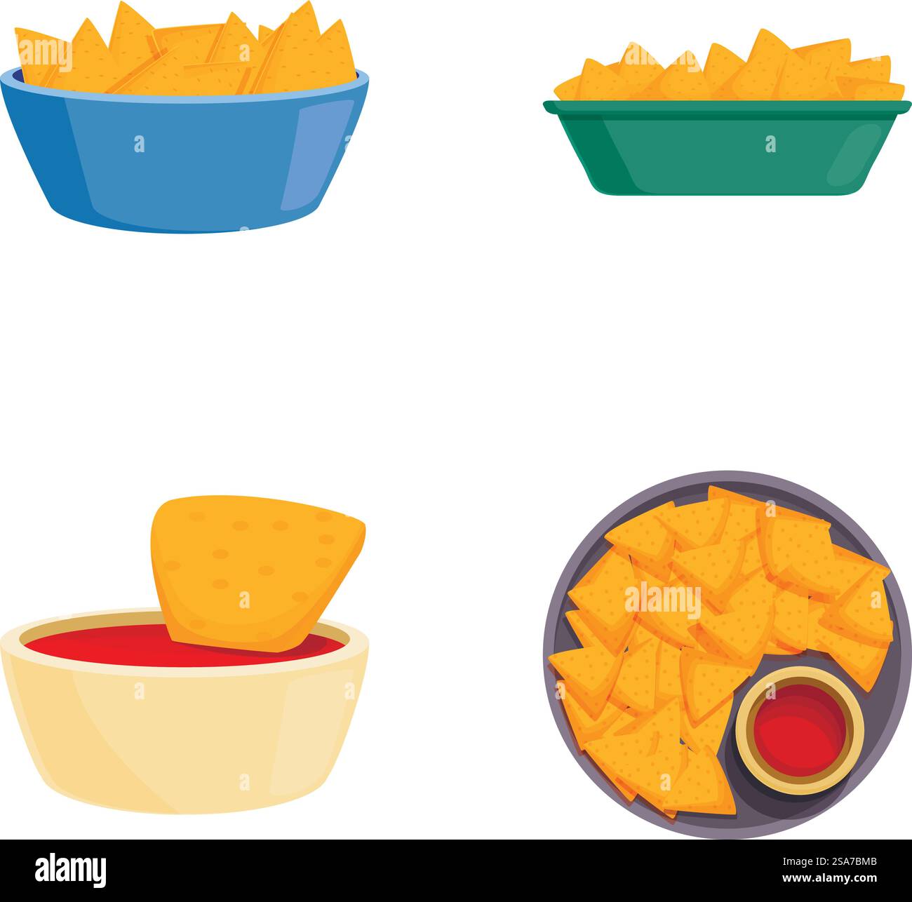 Colorful illustration featuring different bowls of tortilla chips and ...