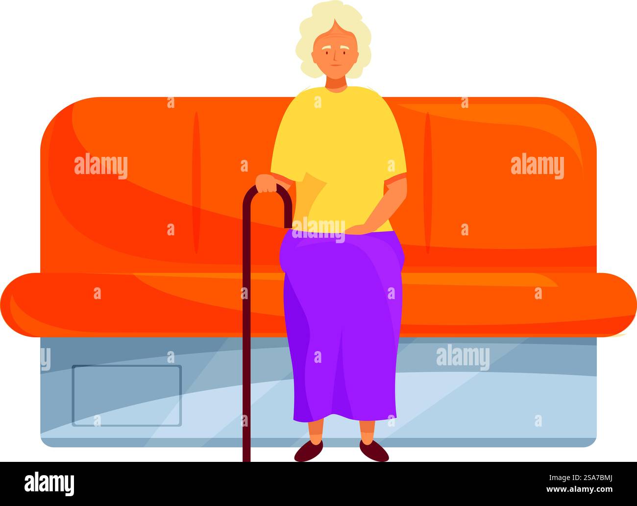 Senior woman holding a cane sitting on a public transport seat. Elderly ...