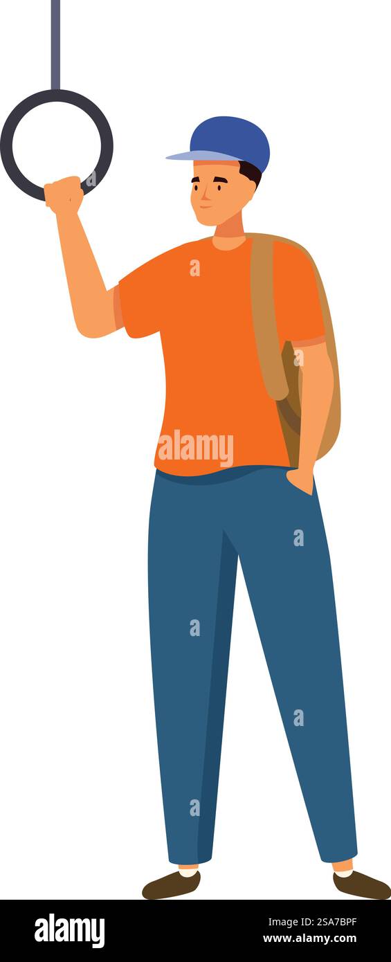 Young student going to university by bus or subway is holding handrail ...